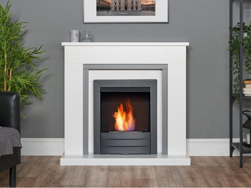 Adam Milan Fireplace Pure White & Grey w Colorado Bio Ethanol Fire Bla ...